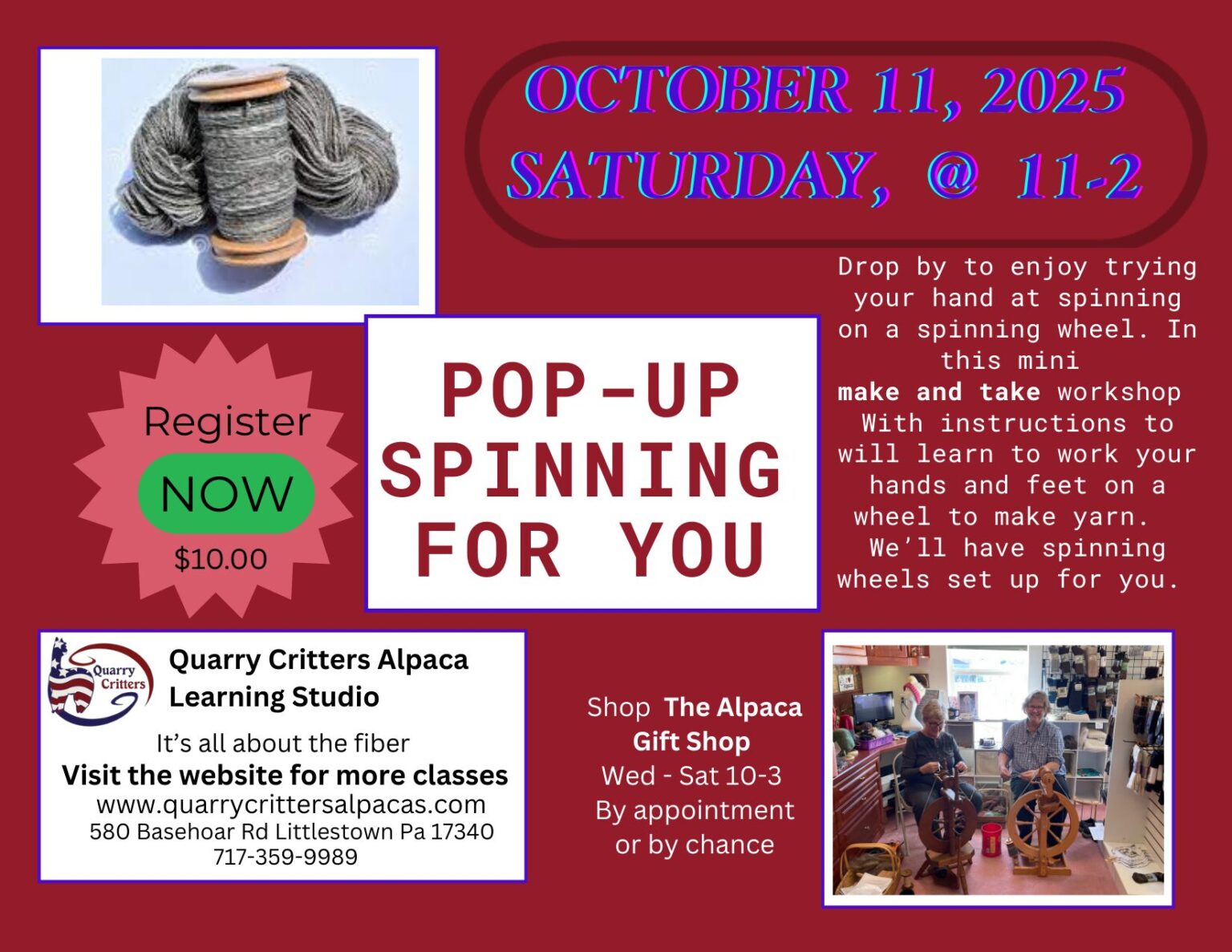 Hands On Beginning spinning Workshop in Littlestown, PA | Quarry ...